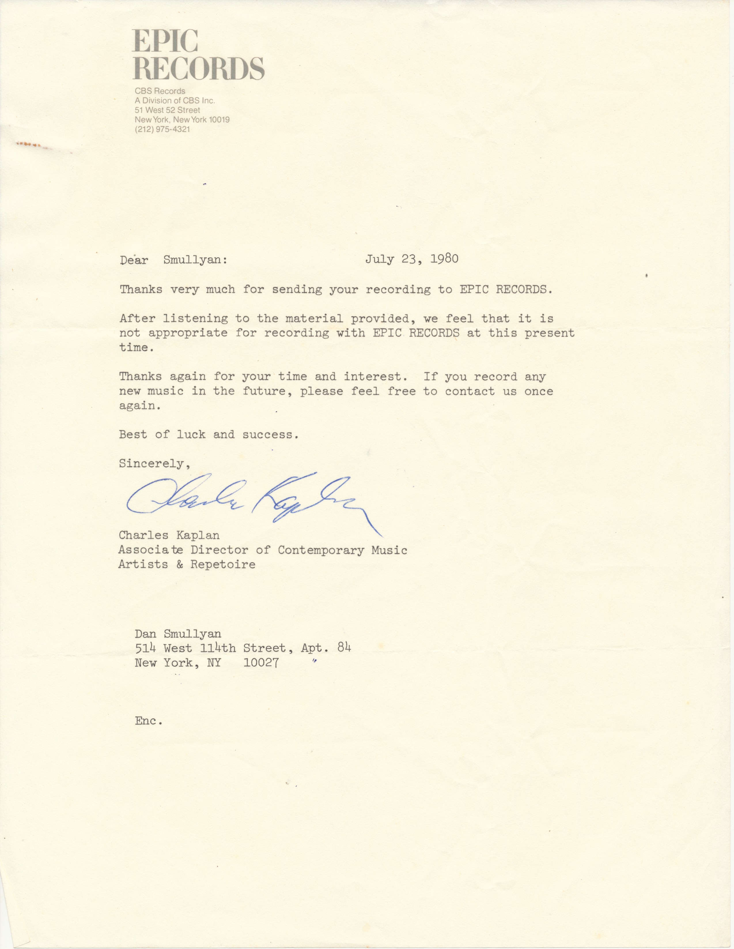 Rollo: Rejection letters from record companies