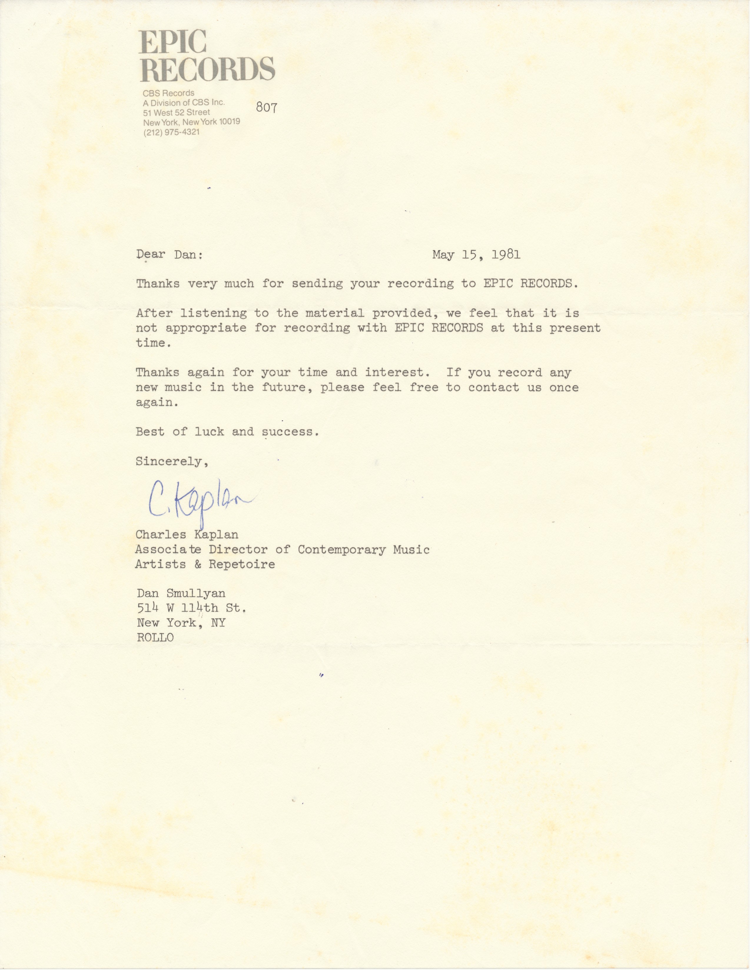 Rollo: Rejection letters from record companies